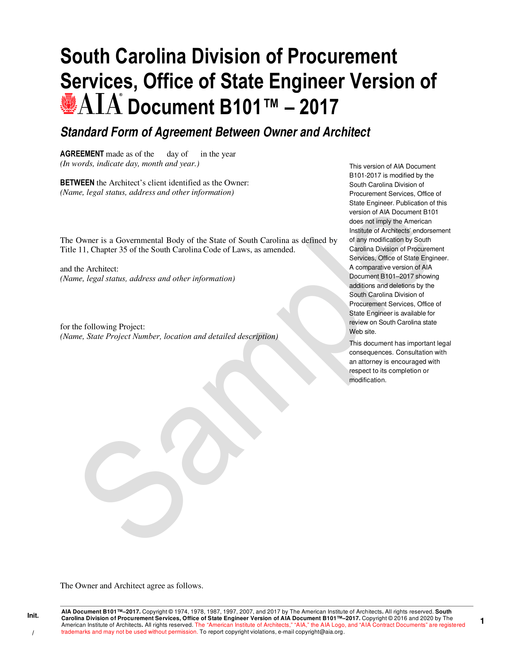 South Carolina Office of State Engineer Version of AIA Document B101™–2017 Standard Form of ...
